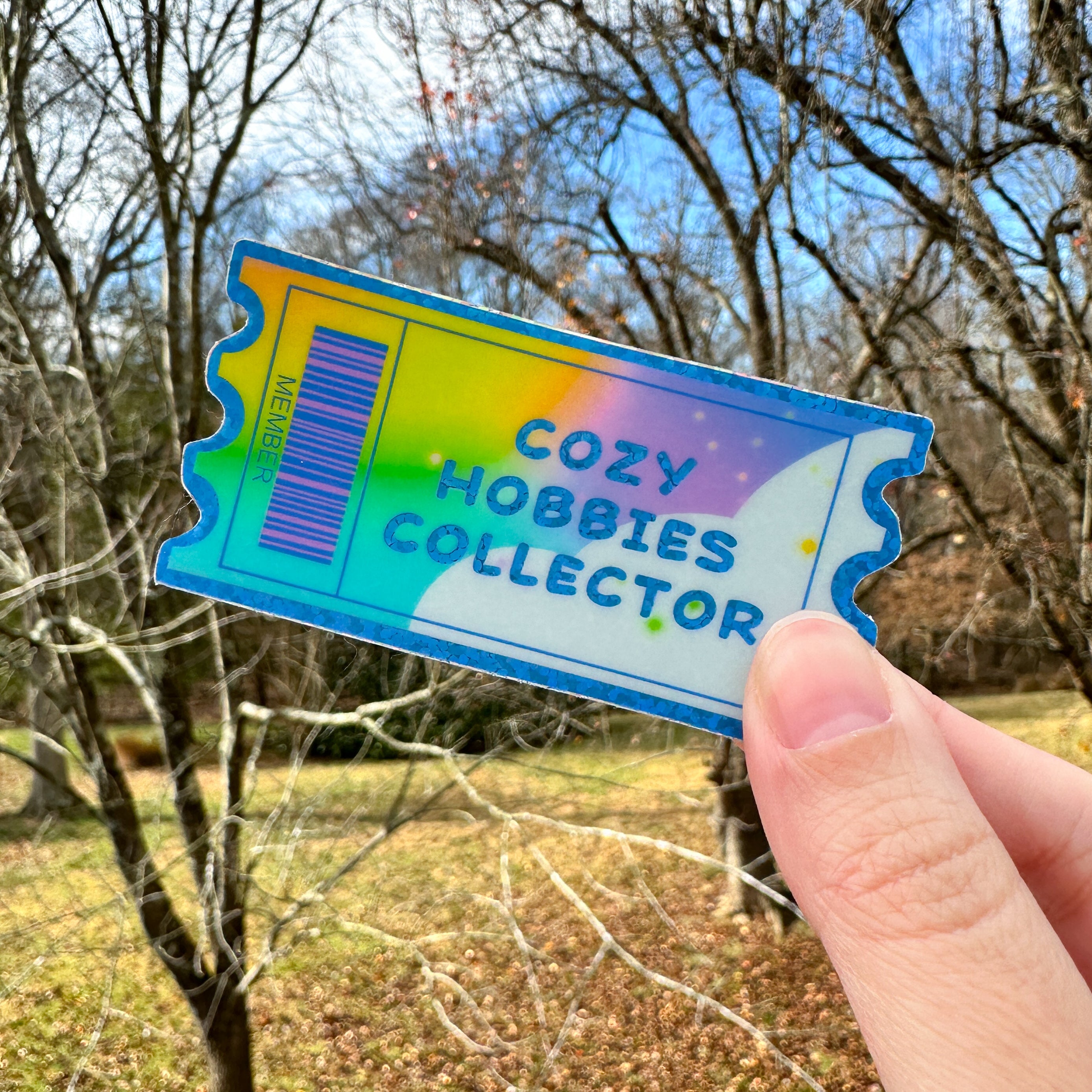 Cozy Hobbies Ticket Glitter Sticker – Happy Olive Studio